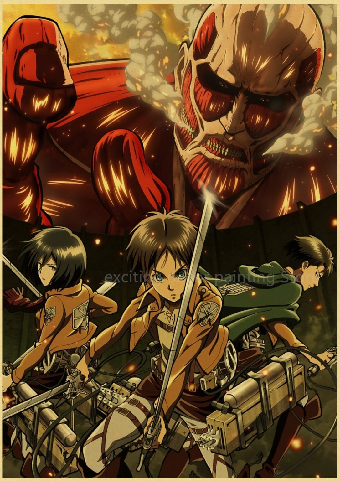 Poster Attaque des Titans : Titan Colossal vs Eren - Livai - Mikasa ...